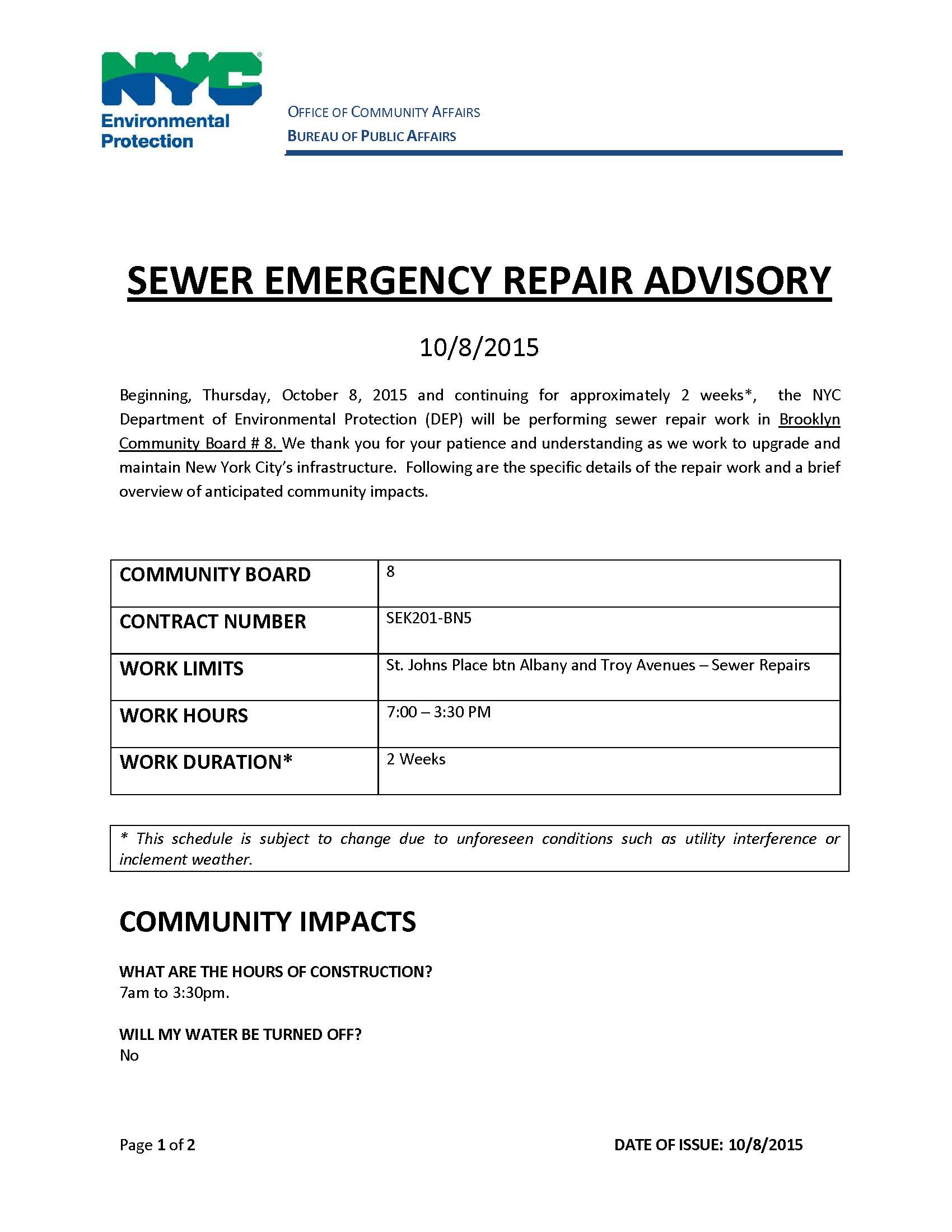 Emergency Sewer Repair | Community Board 8 Brooklyn